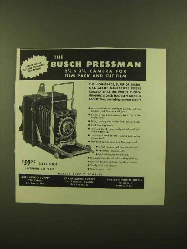 1943 Busch Pressman Vintage Camera Ad - Limited Edition