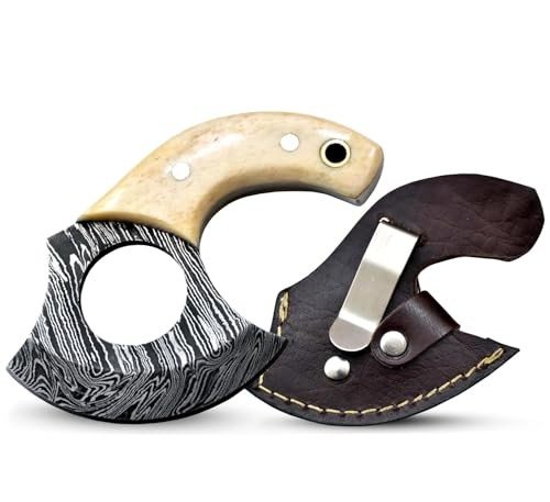 Damascus Steel Alaskan Ulu Knife & Leather Sheath