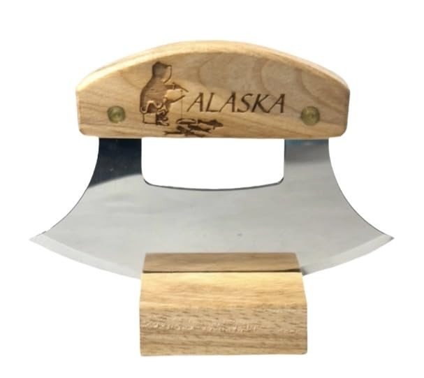 Alaska Birch Ulu Knife with Wooden Stand