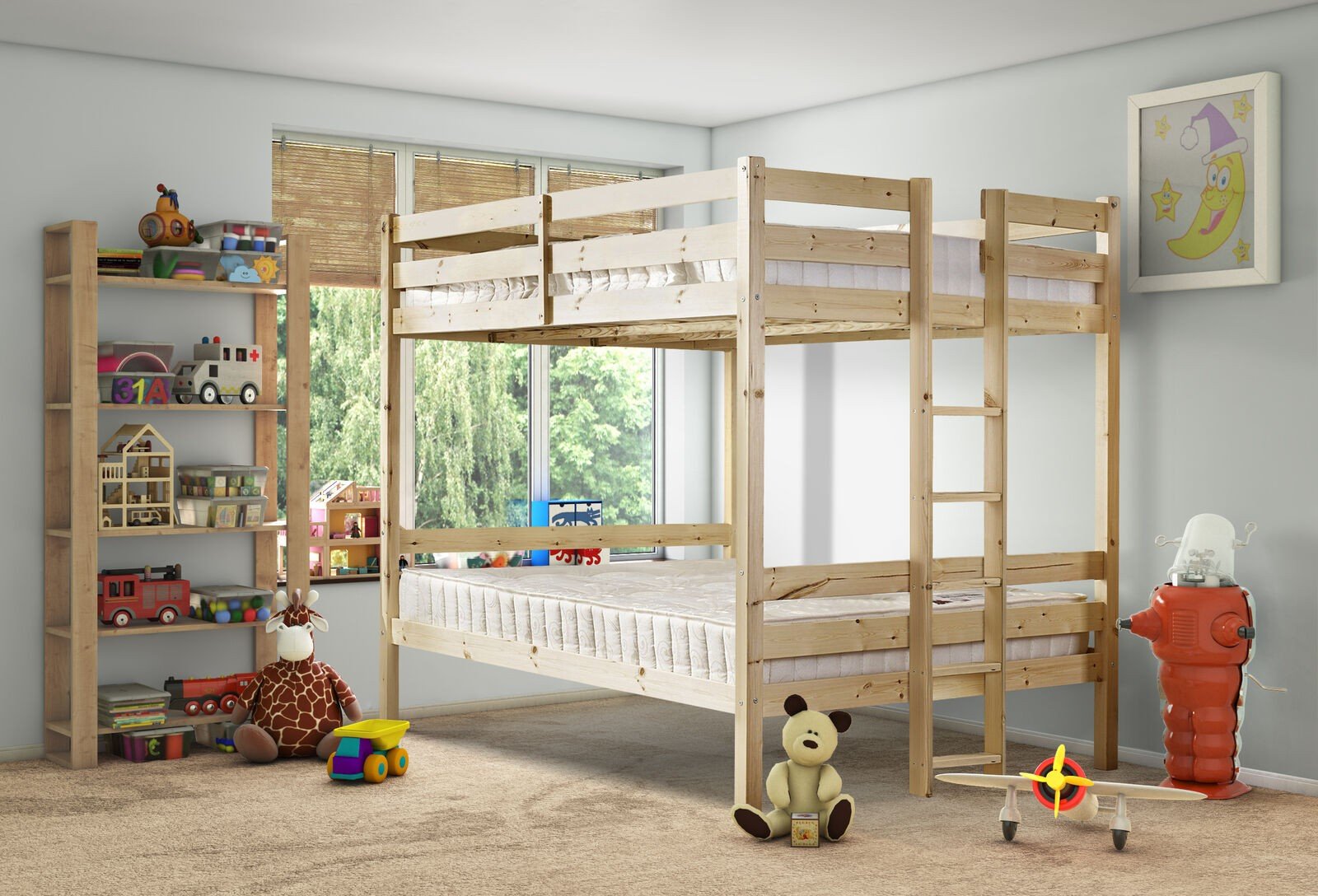 Moon Double Pine Bunk Bed with Ladder