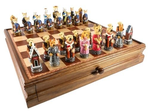 Charming Cats & Dogs Chess Set with Walnut Chest