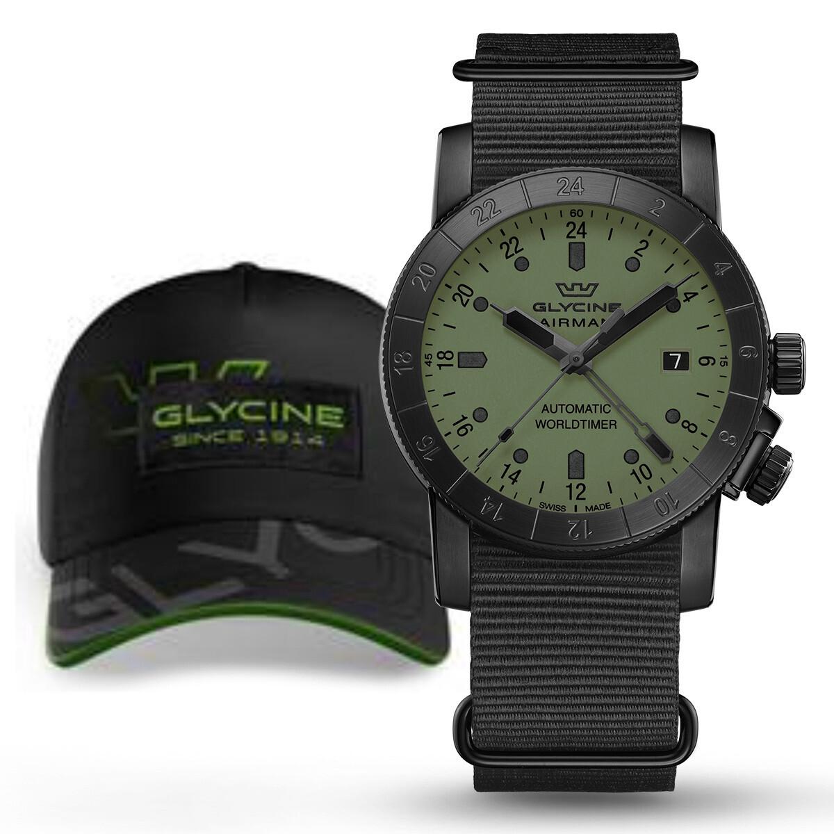 Glycine GL0493 Airman GMT Swiss Automatic Watch & Hat