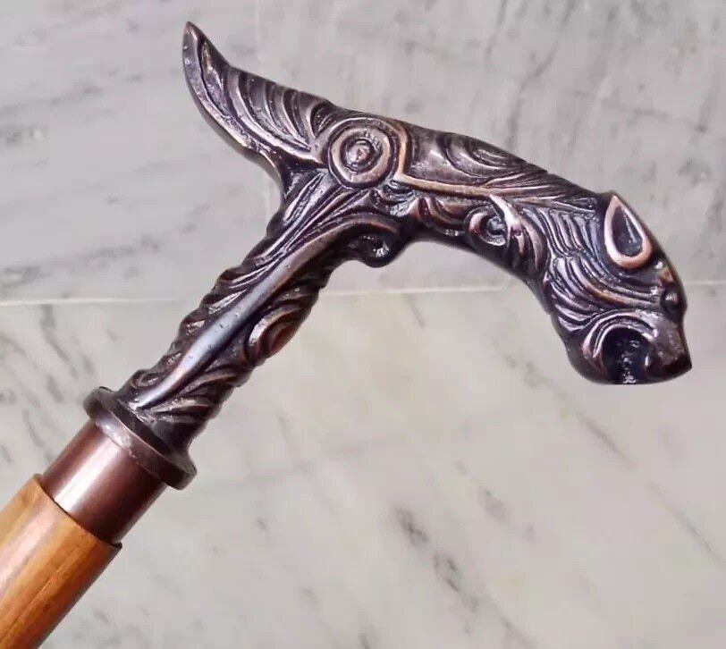 Unique Vintage Brass Wolf Handle Walking Stick Gift