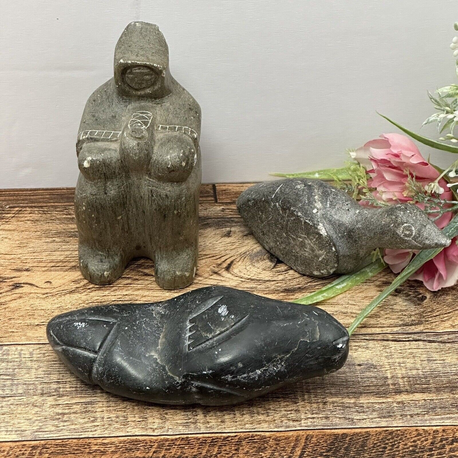 Inuit Soapstone Art Carvings - 3 Piece Set