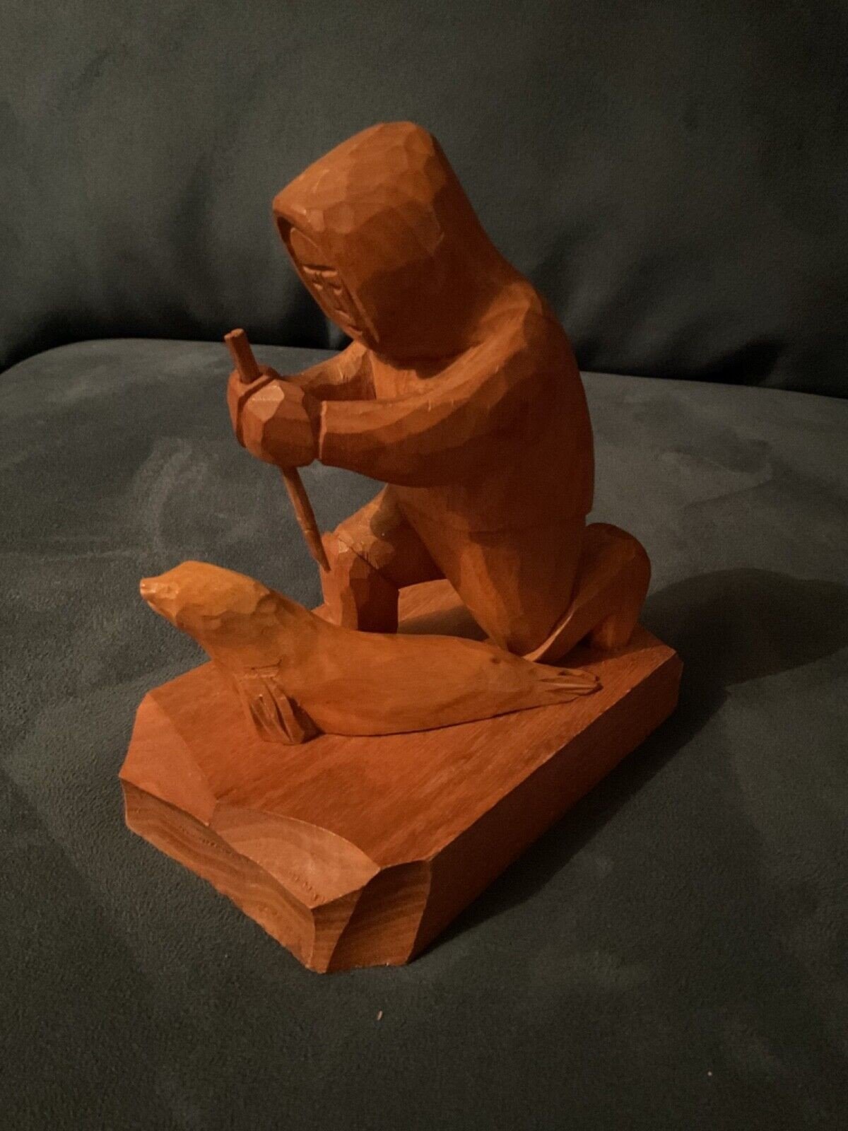 Inuit Seal Hunter Wood Carving Figurine - Unique Artisan Art