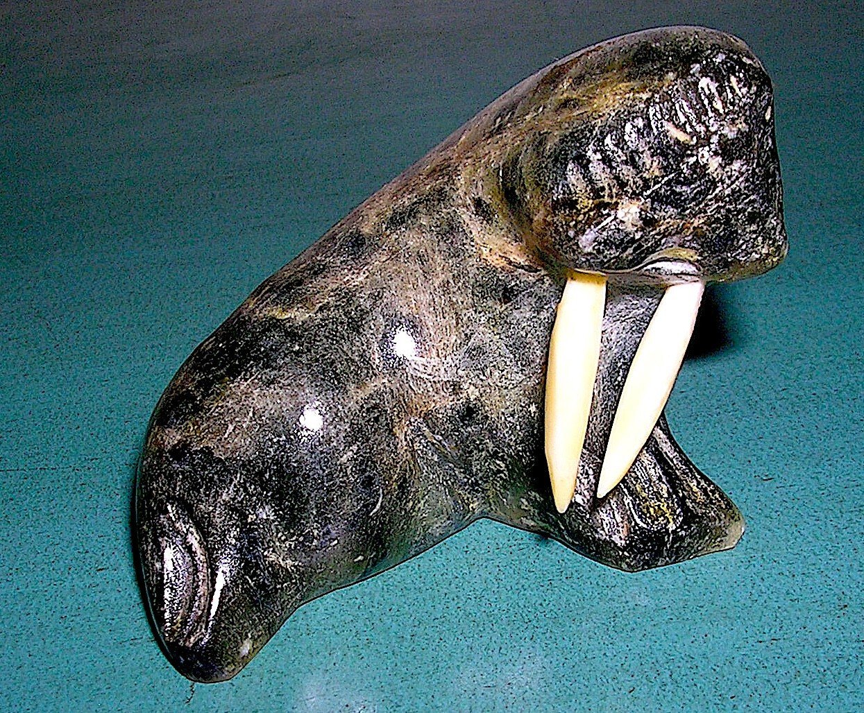 Authentic Inuit Walrus Stone Carving with Tusks