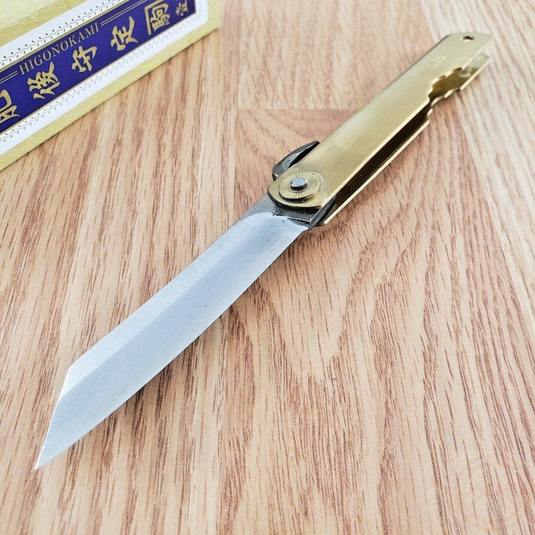 Higonokami Folding Knife: Blue Steel Blade & Brass Handle