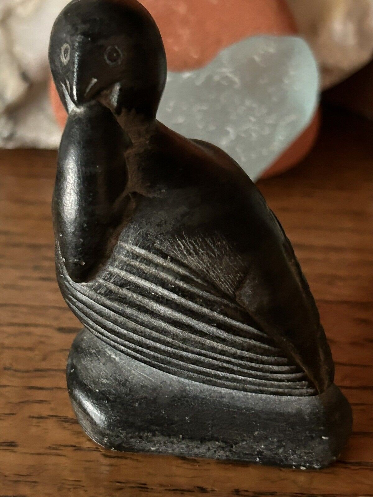 Inuit Bird with Fish Soapstone Carving - Unique Art