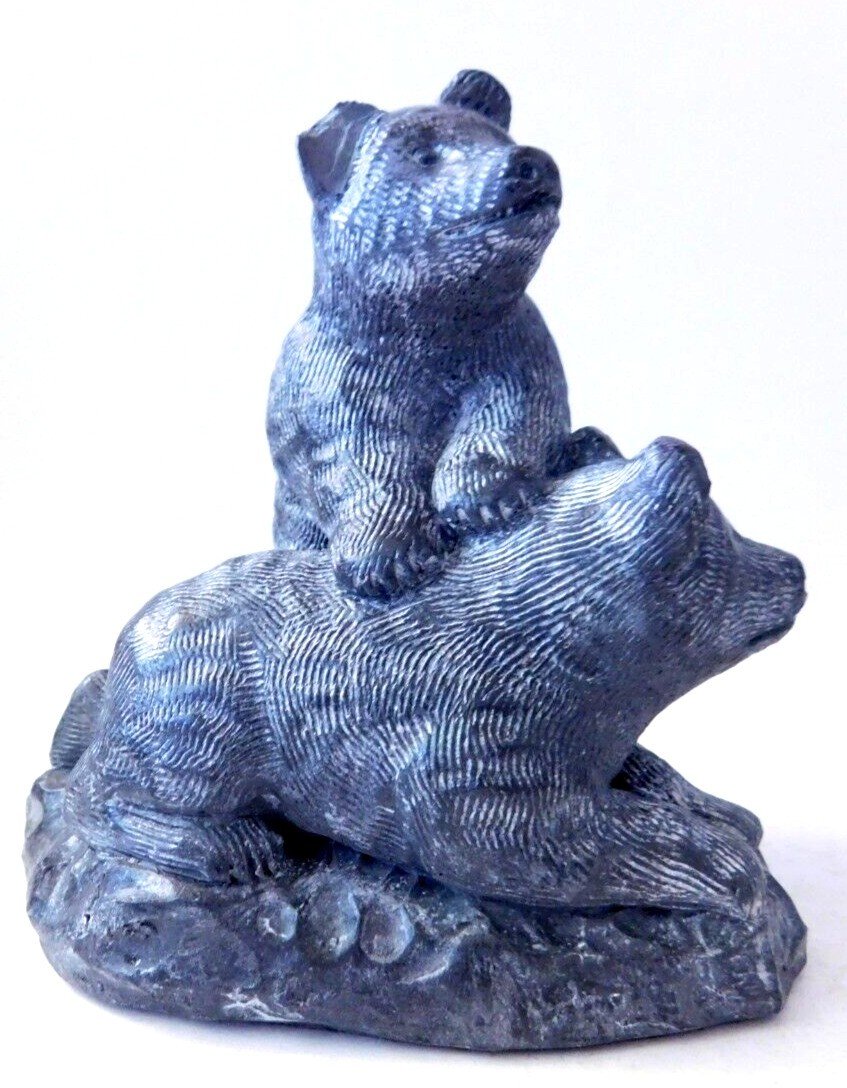 Charming Hand-Carved Soapstone Bear Cubs Sculpture