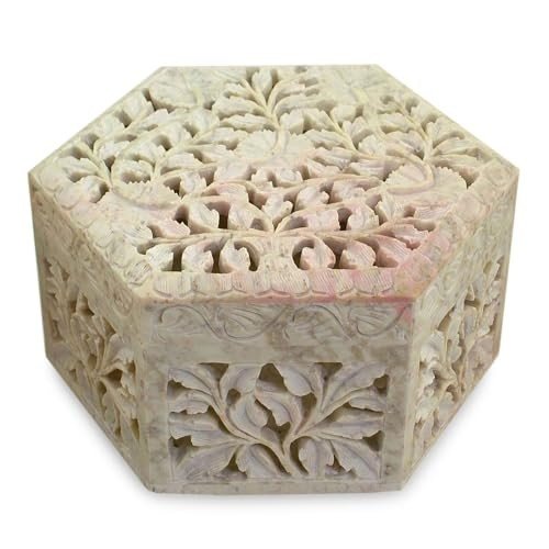Elegant Beige Soapstone Jewelry Box - White Jasmine Design