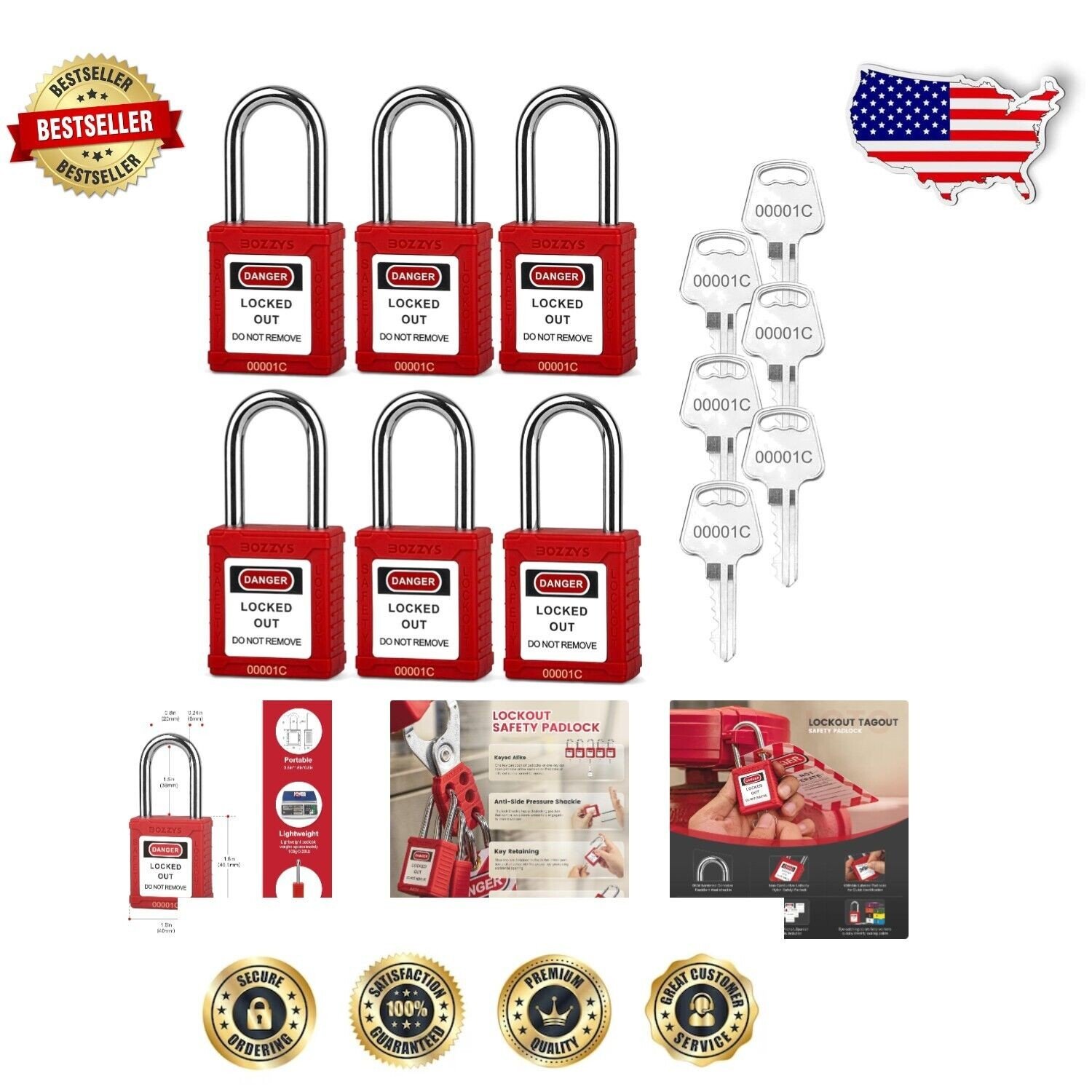 Red Key Lockout Padlocks - 6 Pack for Security