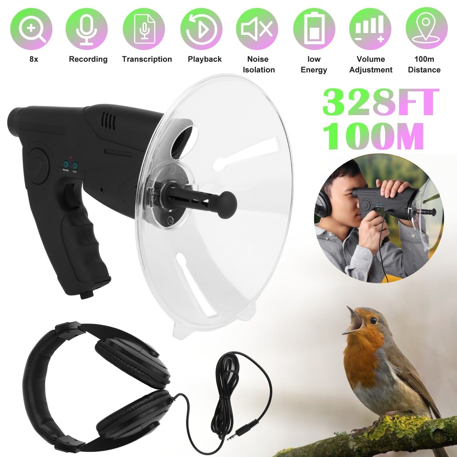 328FT Parabolic Microphone: 8X Sound Pickup