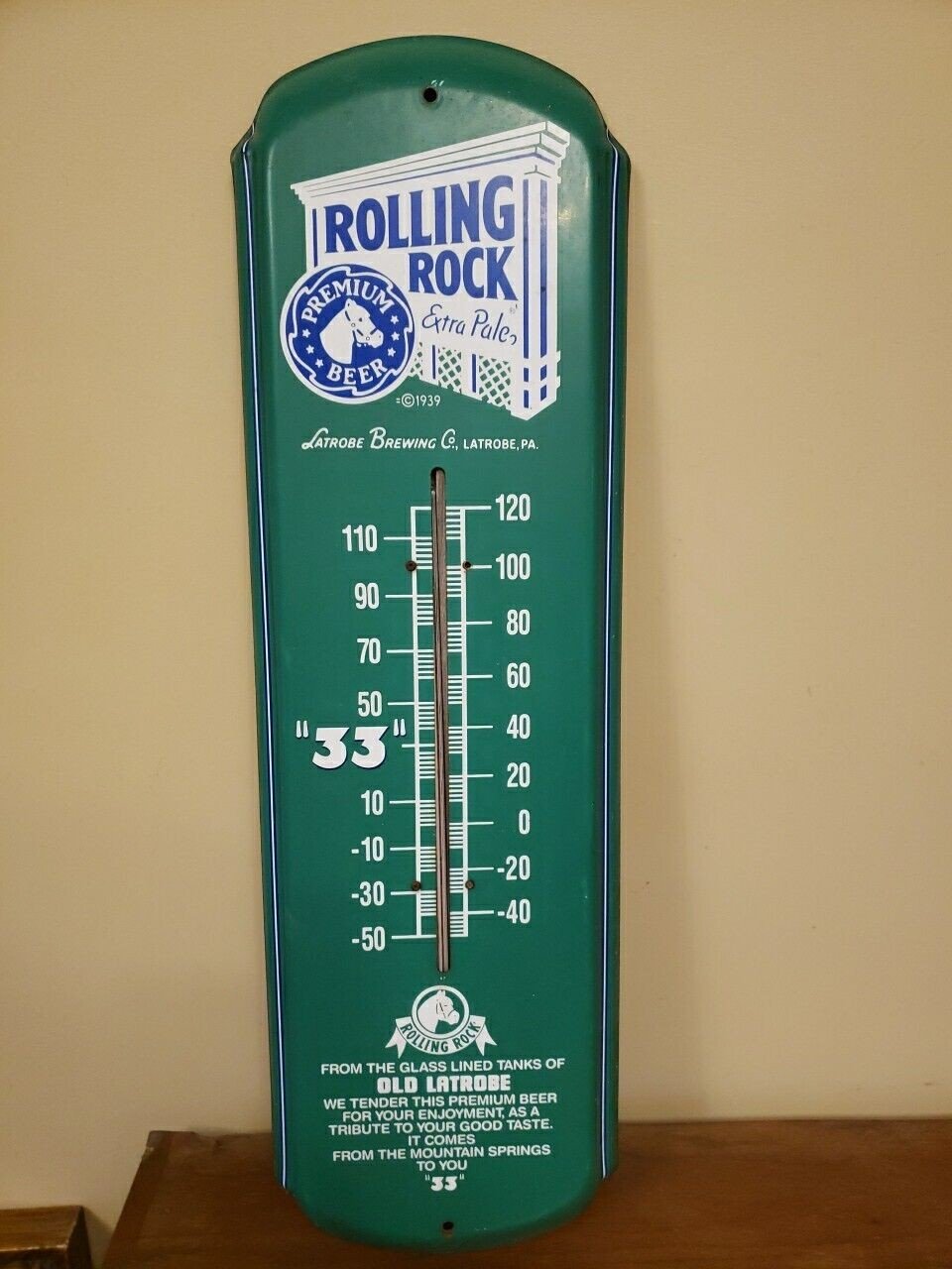 Vintage 1998 Rolling Rock Beer Tin Thermometer
