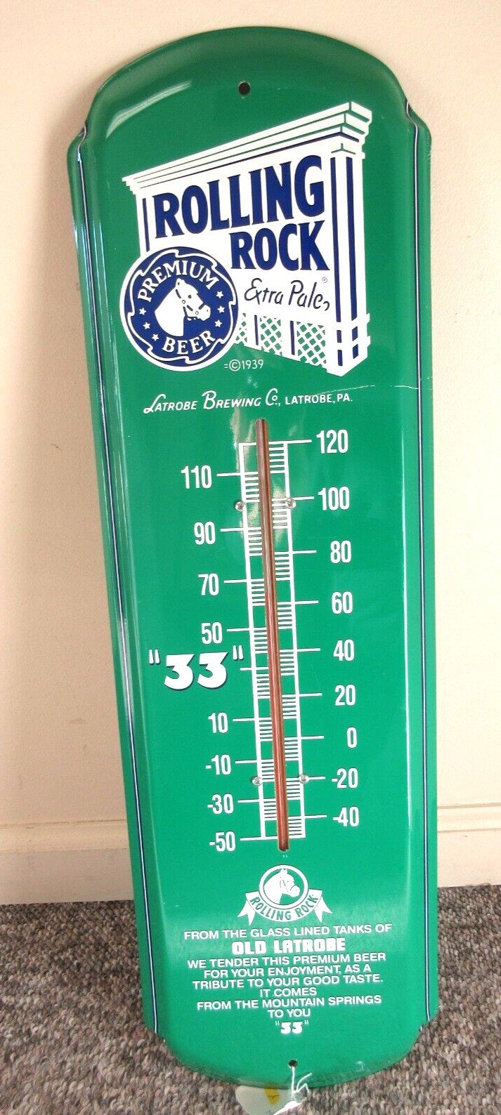 Vintage Rolling Rock Beer Tin Thermometer - Classic Style