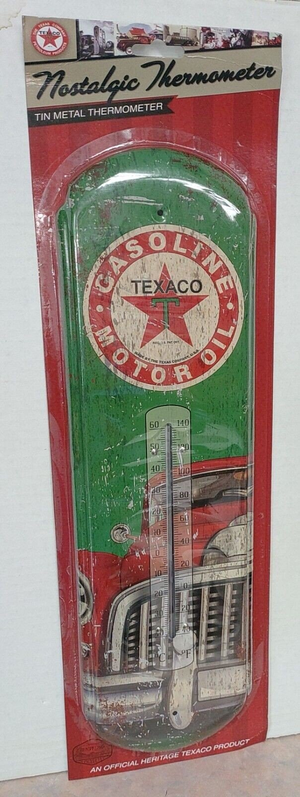 Texaco Vintage Tin Thermometer with Red Car