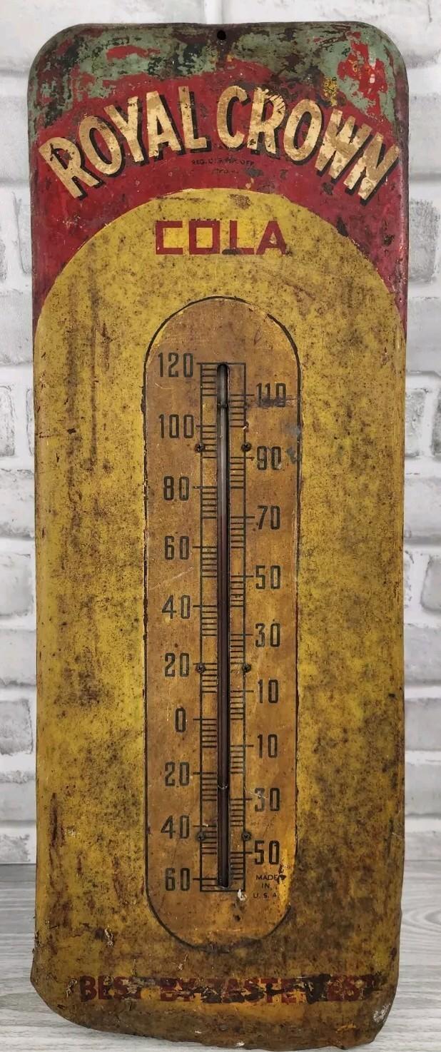 Vintage Royal Crown Cola Tin Thermometer for Collectors
