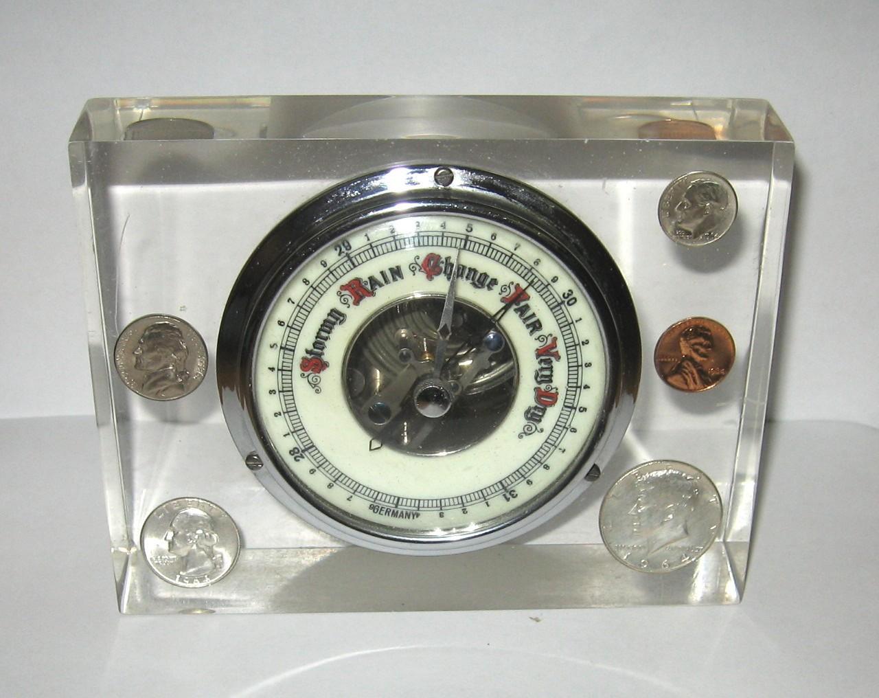 Vintage Lufft Germany Barometer with 1964 Silver Coins